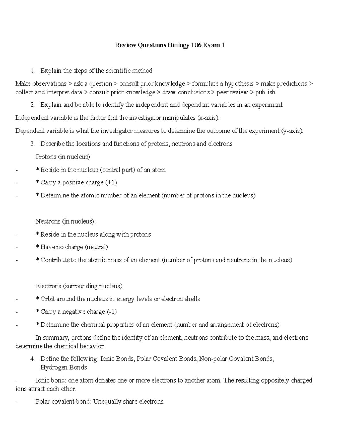 Exam 1 study guide - Review Questions Biology 106 Exam 1 Explain the steps of the scientific ...