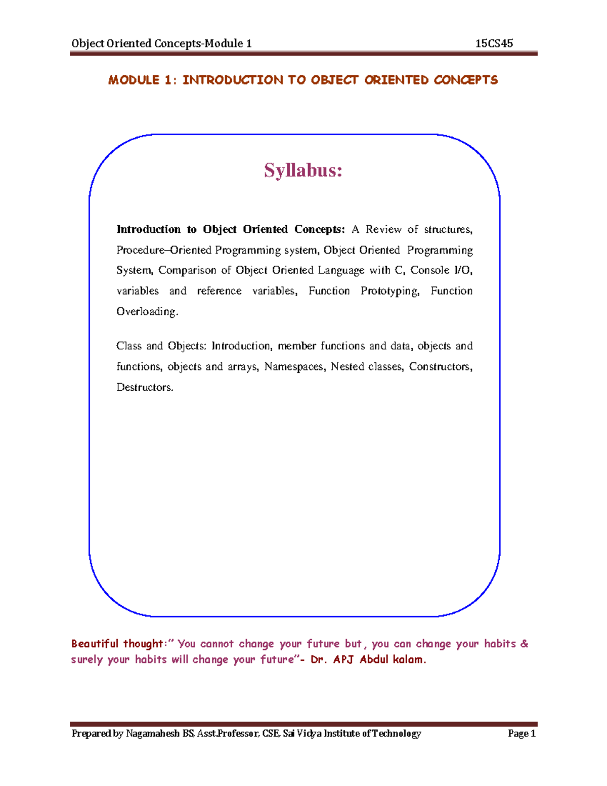 M1 - notes - MODULE 1: INTRODUCTION TO OBJECT ORIENTED CONCEPTS ...