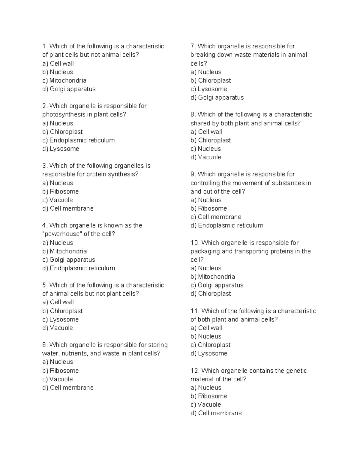 Animal and Plant Cell - Multiple Choice - Which of the following is a ...