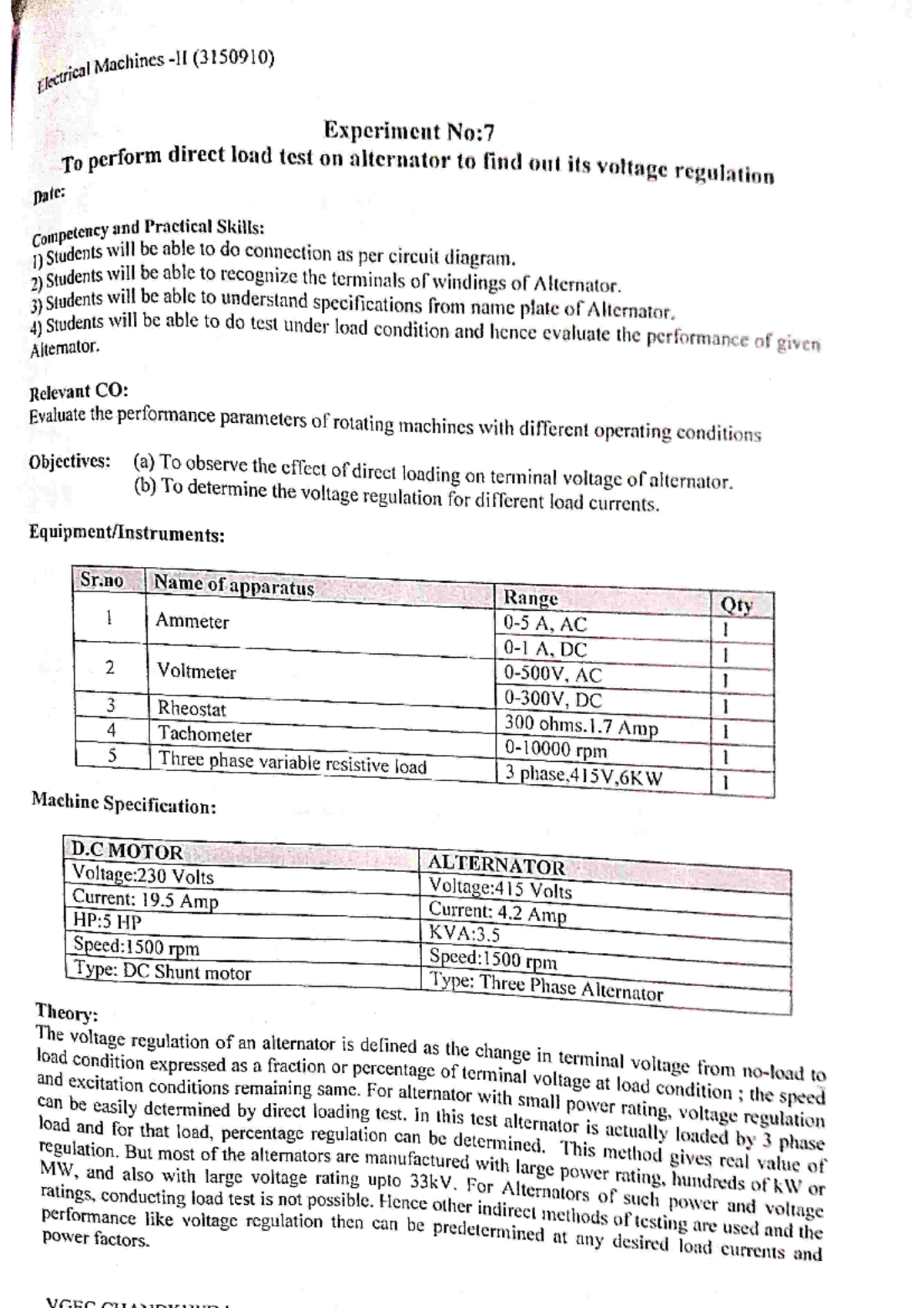 EMC-2 EXP7 - Lab manual - Electrical Machines (3150910) Experiment No:7 To perform direct load ...