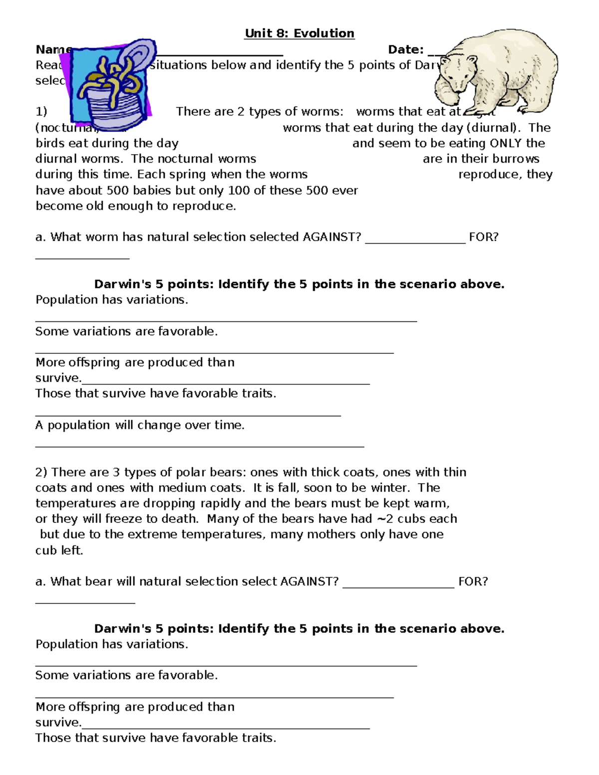 Natural Selection Worksheet - Unit 8: Evolution Name ___________________________________ Date ...