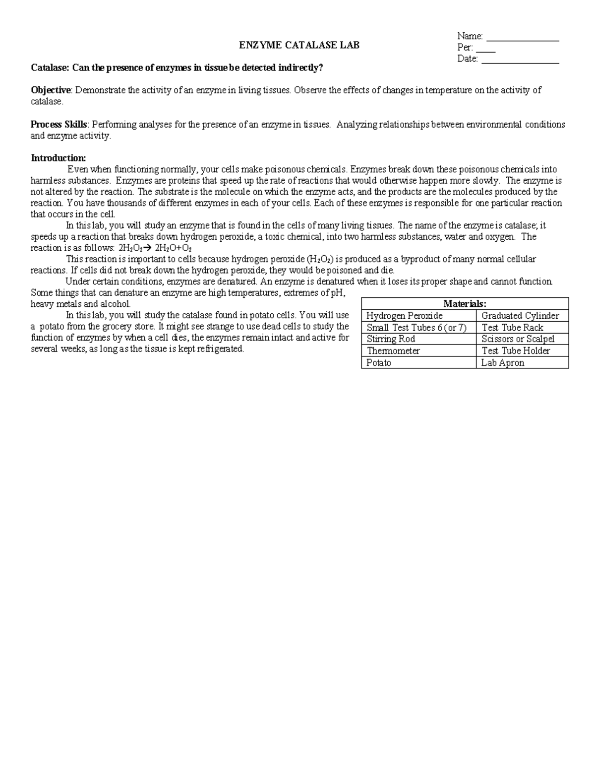 Enzyme Catalase Lab - Chemistry notes - ENZYME CATALASE LAB Catalase ...