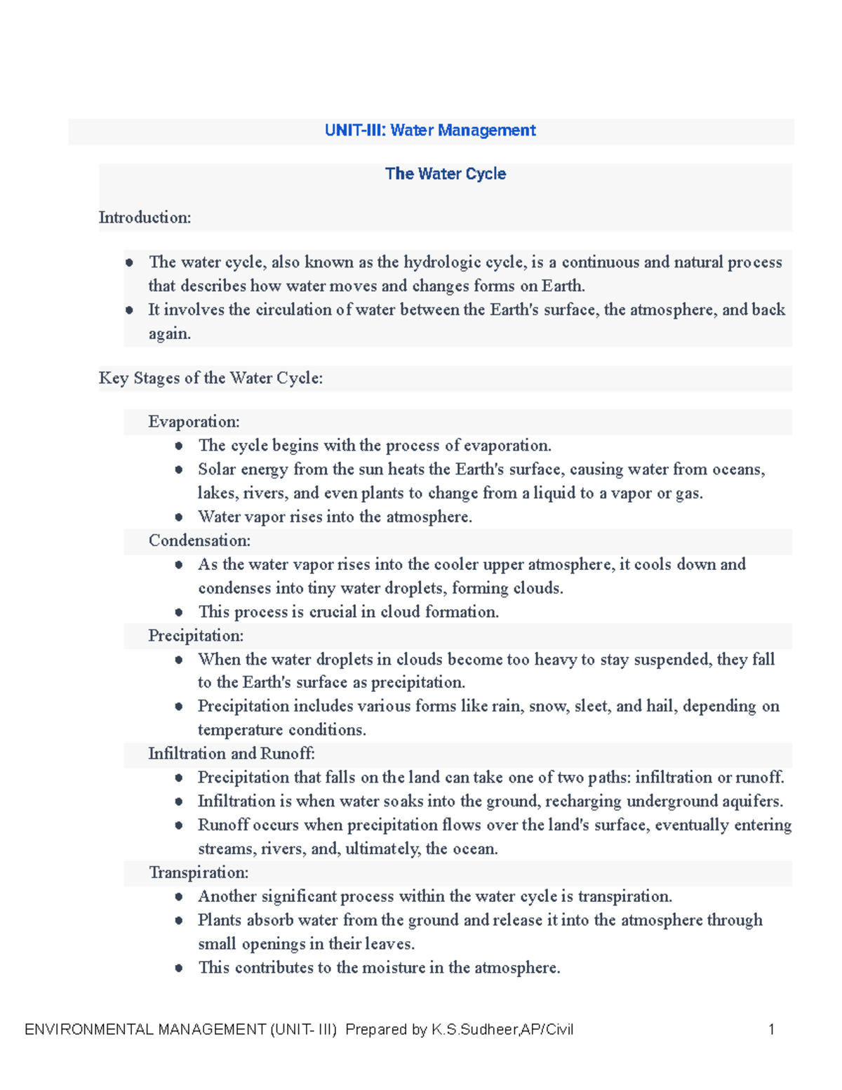 UNIT-III Water Management - It involves the circulation of water ...