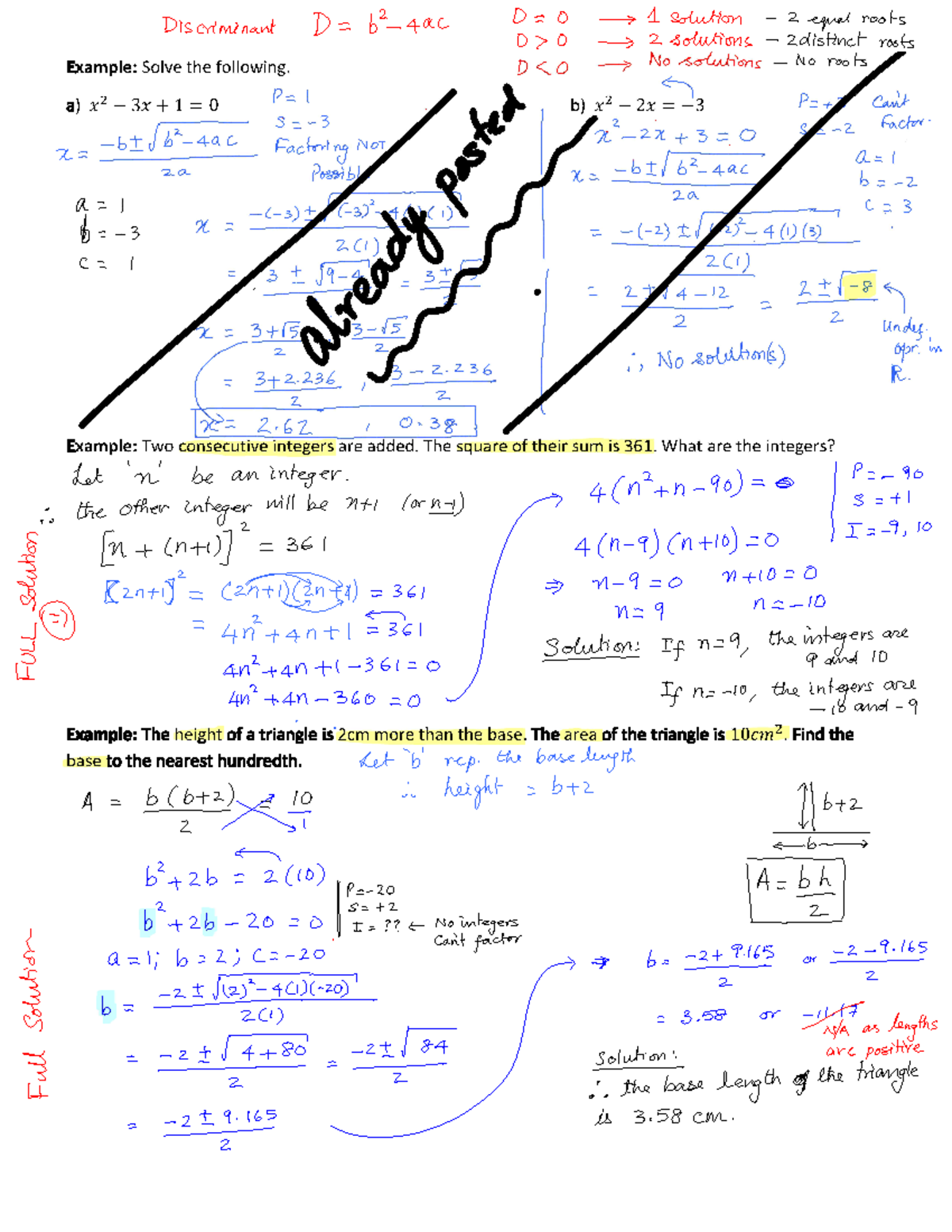 3U Solution to word problems - Discriminant 1 Solution 2 equal roots 2 ...