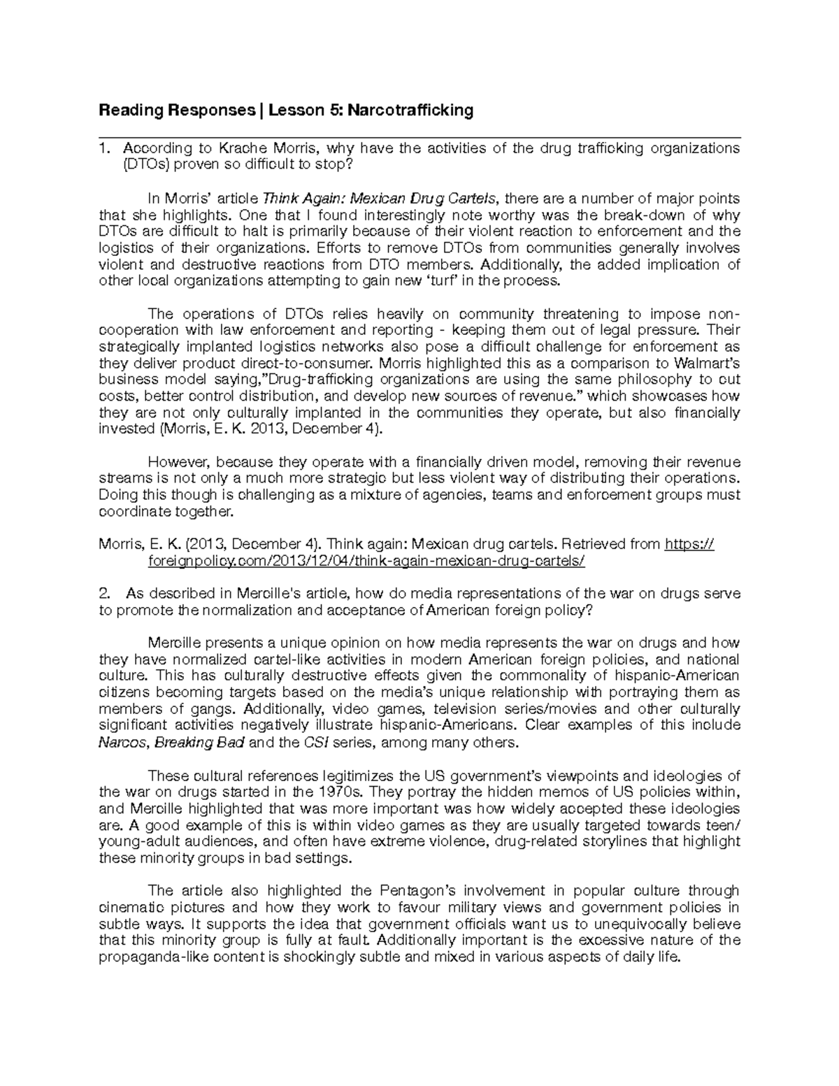 Reading Response - Unit 5 - Reading Responses | Lesson 5: Narcotrafficking According to Krache ...