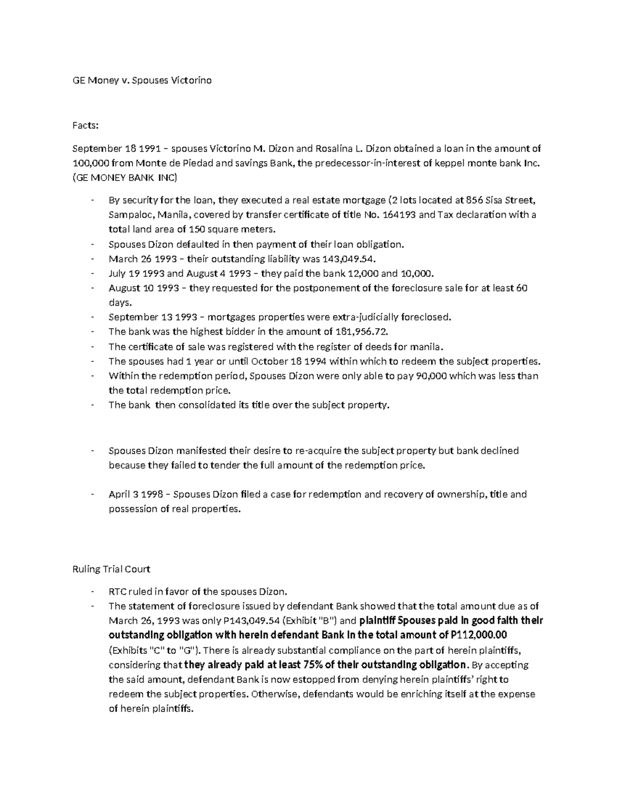 GE Money v - asdsad - GE Money v. Spouses Victorino Facts: September 18 ...