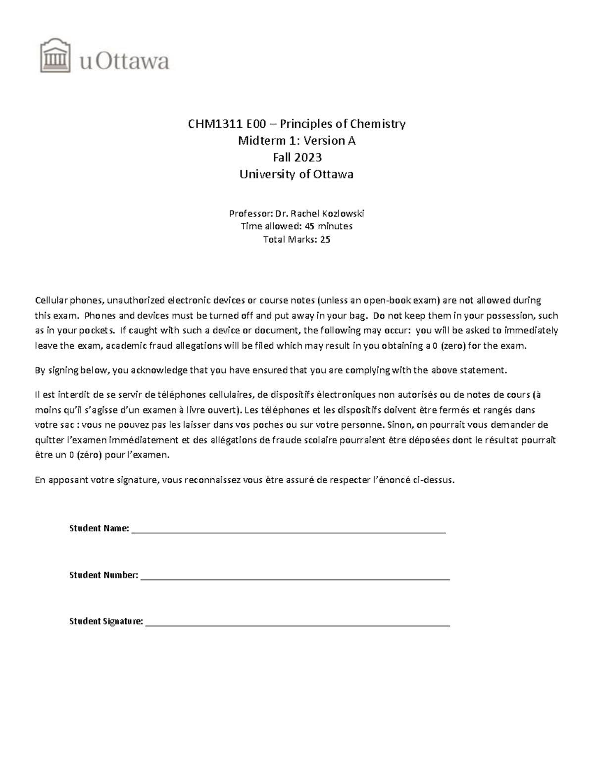 CHM1311 Midterm - CHM1311 E 00 – Principles of Chemistry Midterm 1: Version A Fall 2023 ...
