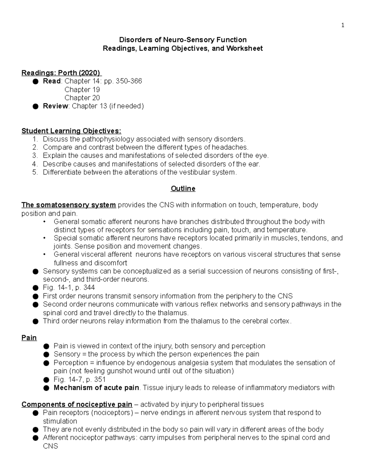 Neuro Sensory Readings, Objectives, Outline, and Worksheet - Disorders ...
