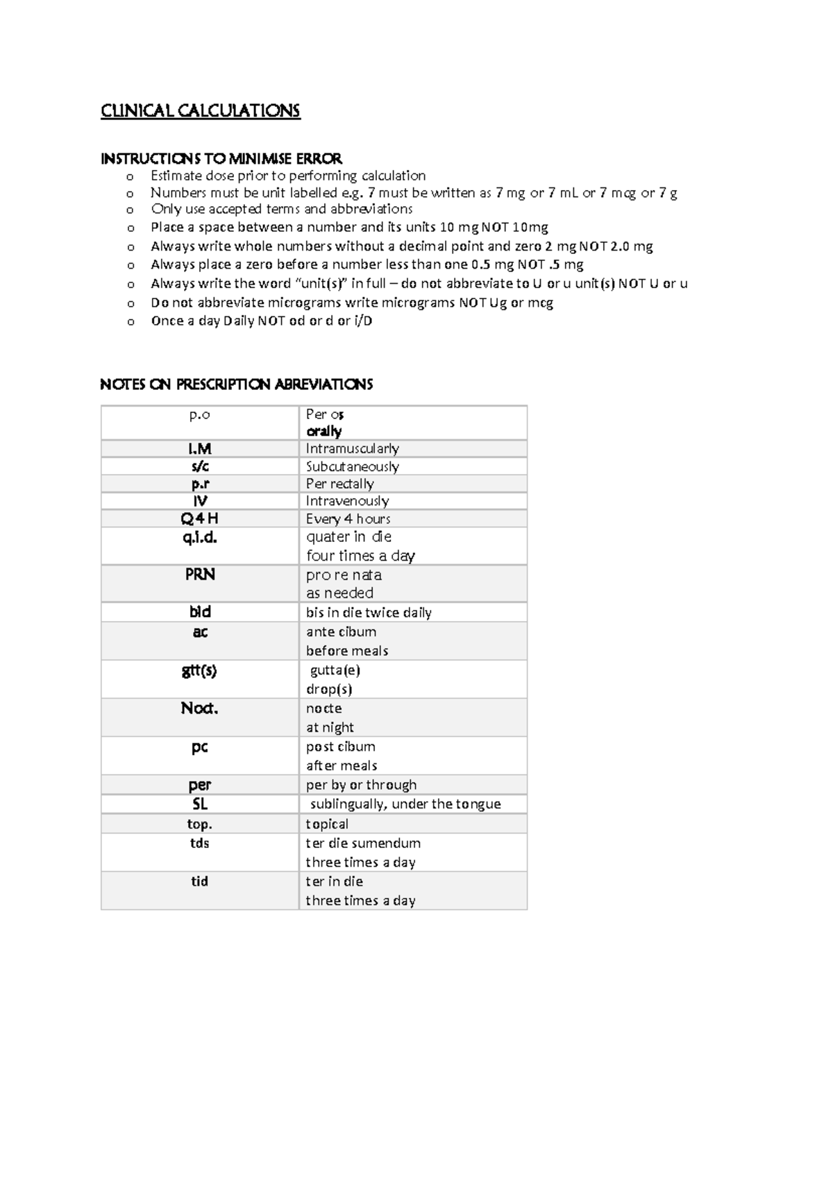 Clinical Calculations - CLINICAL CALCULATIONS INSTRUCTIONS TO MINIMISE ...