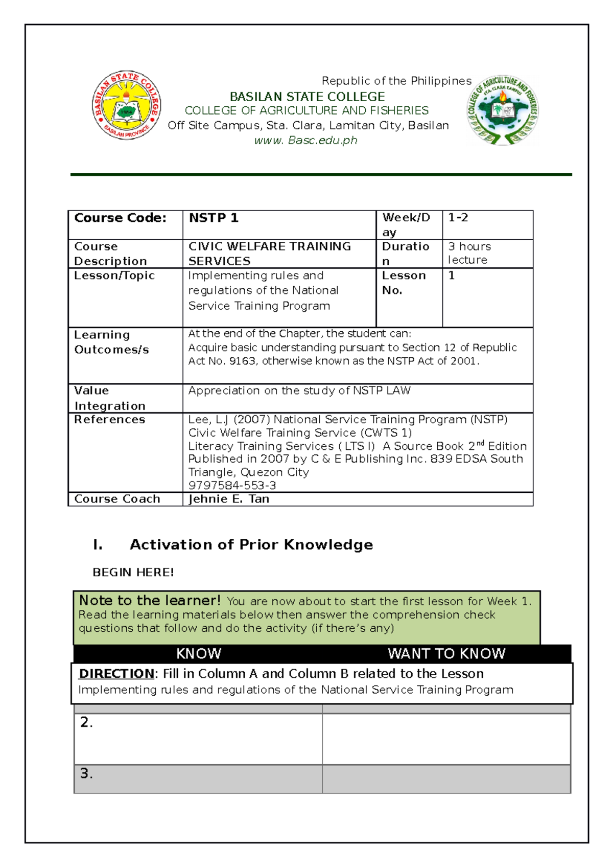 NSTP 1 First Module - Republic of the Philippines BASILAN STATE COLLEGE ...