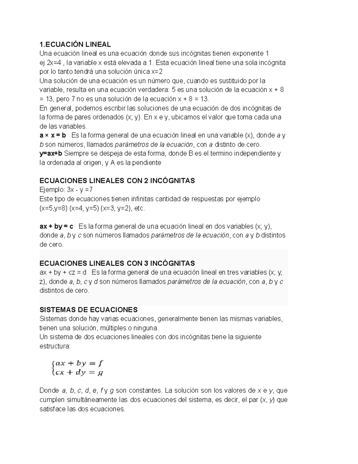 Algebra Resumen 1 - Apunte - 1ÓN LINEAL Una ecuación lineal es una ...