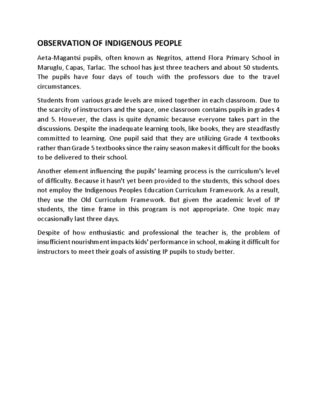 Observation of Indigeneous People - OBSERVATION OF INDIGENOUS PEOPLE ...