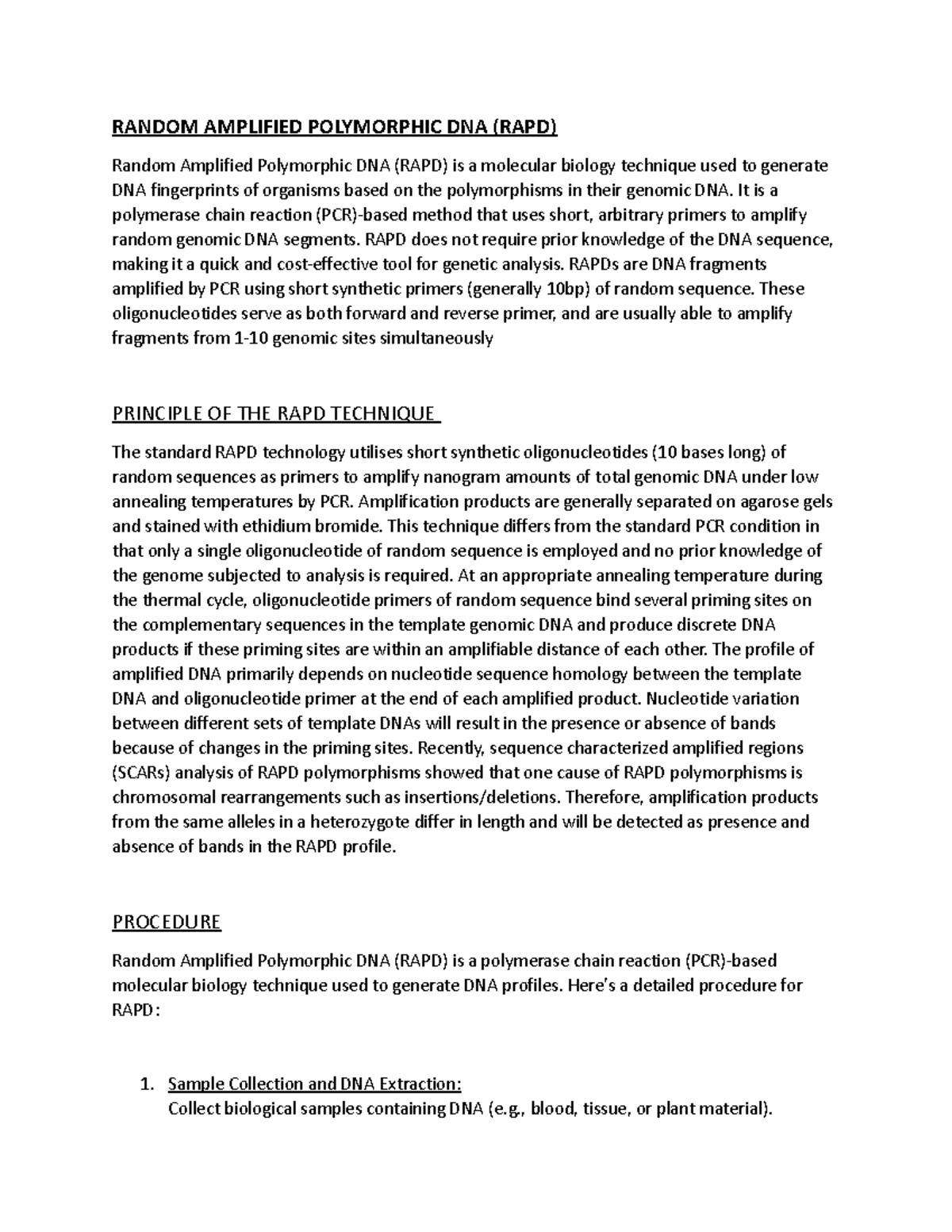 molecular techniques - RANDOM AMPLIFIED POLYMORPHIC DNA (RAPD) Random ...