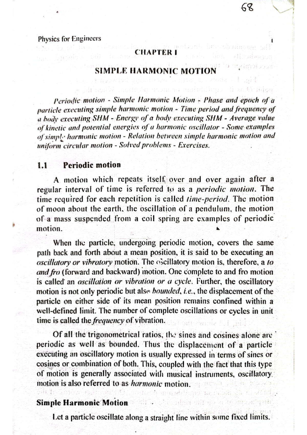 Simple harmonic chapter 1 - 68 Physics for Engineers CHAPTER I SIMPLE HARMONIC MOTION Periodic ...