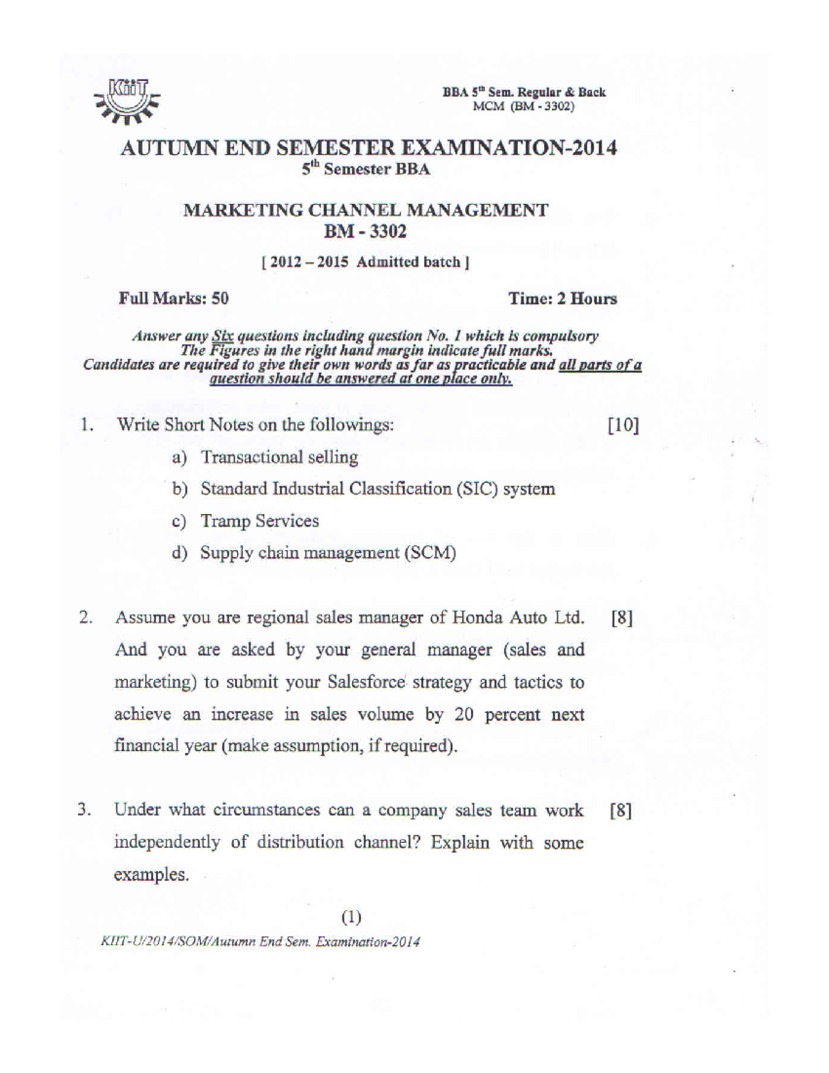 BBA- 5th Sem Q Paper - Marketing Management I - Studocu