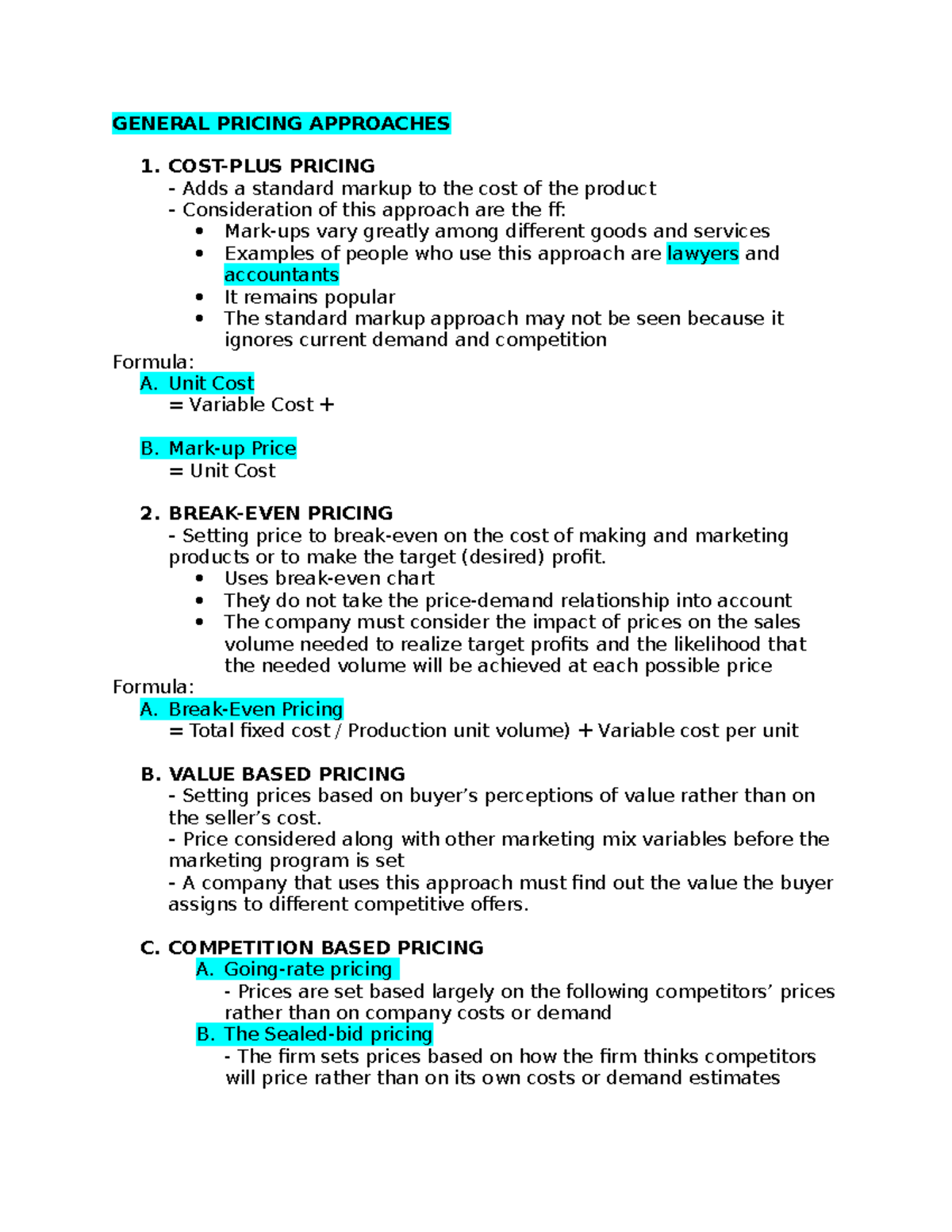 Summarymarketing - Lecture notes 1 - GENERAL PRICING APPROACHES 1. COST ...