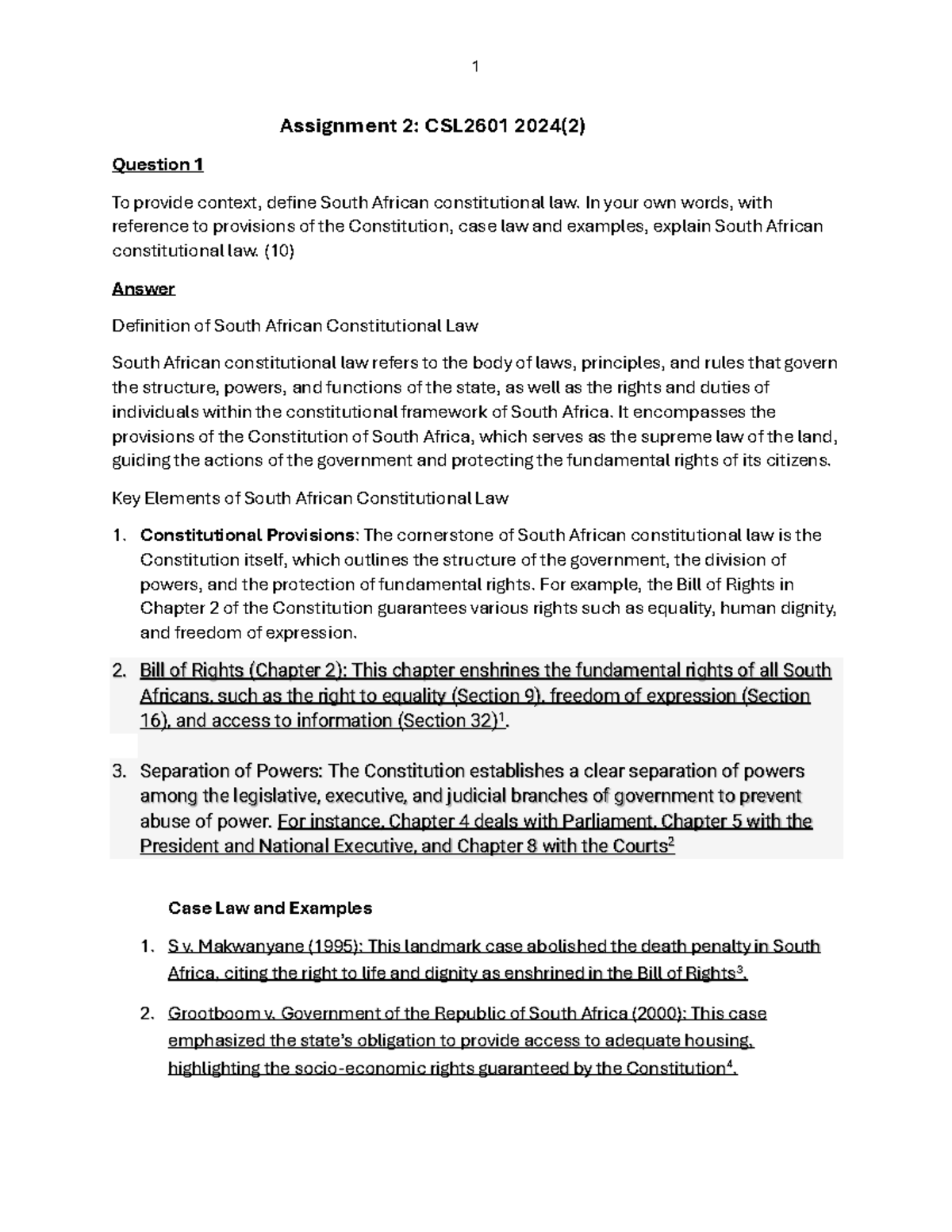 Assignment 2 Constitutional LAW PDF - Assignment 2: CSL2601 2024(2) Question 1 To provide ...