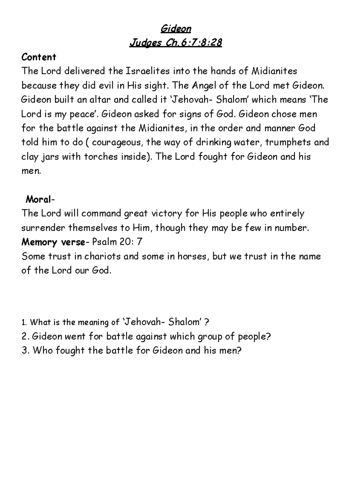 19) Gideon - sunday school - Gideon Judges Ch;7;8: Content The Lord ...