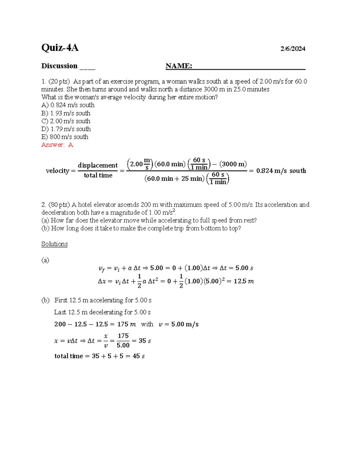 Quiz04A 2-6-24 solutions - Quiz-4A 2/6/ Discussion ____ NAME: (20 pts ...