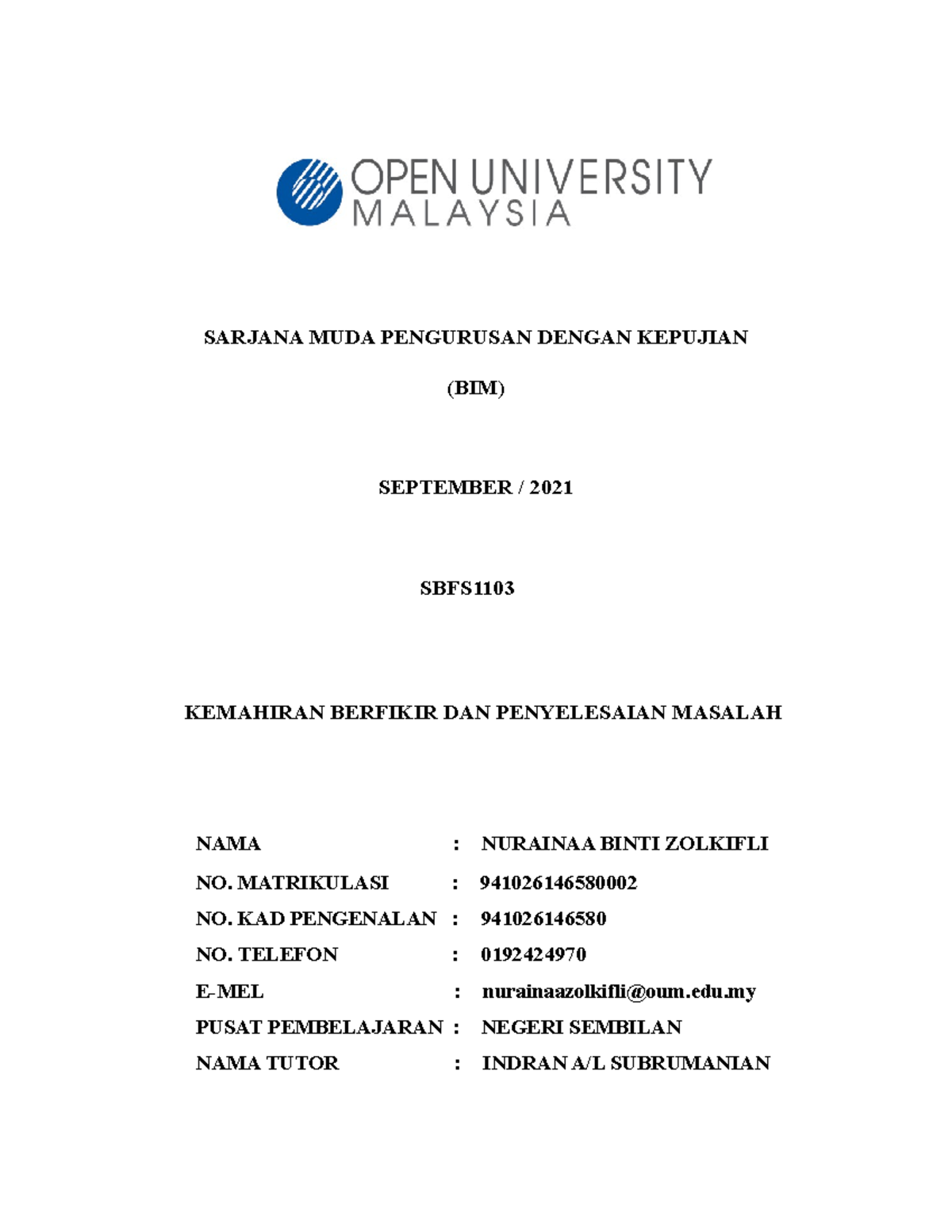 SBFS1103- ( Nurainaa Zolkifli - 941026146580002)- Assignment - SARJANA ...