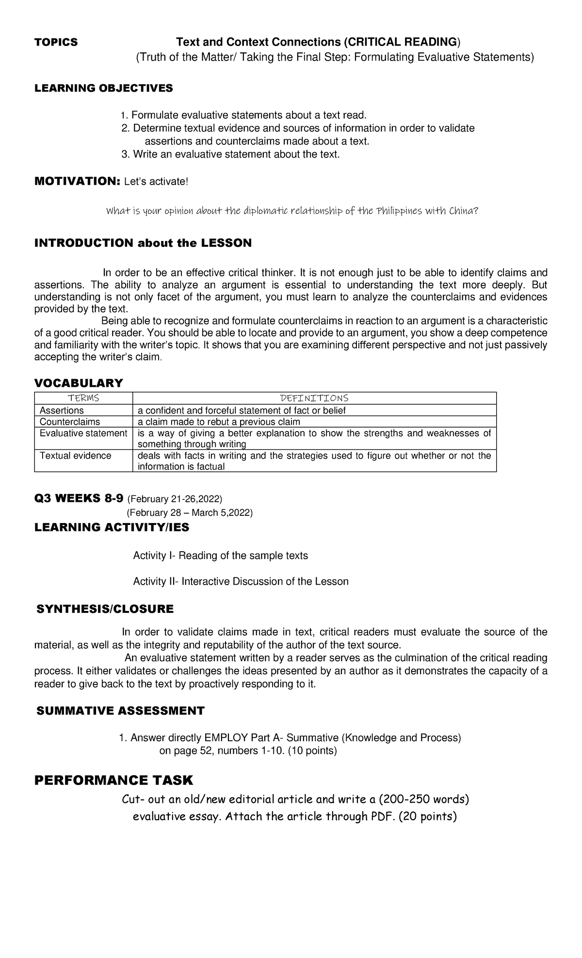Activity 56660 Learning Guide For Grade 11 TOPICS Text And Context