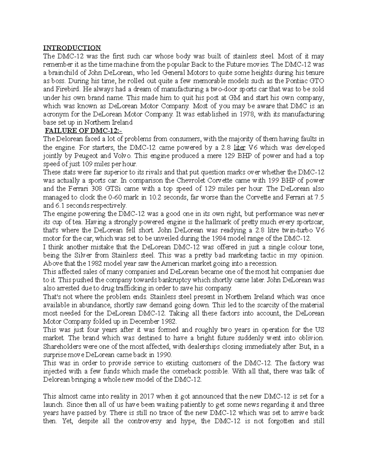 13,P failure ,020 - INTRODUCTION The DMC-12 was the first such car ...