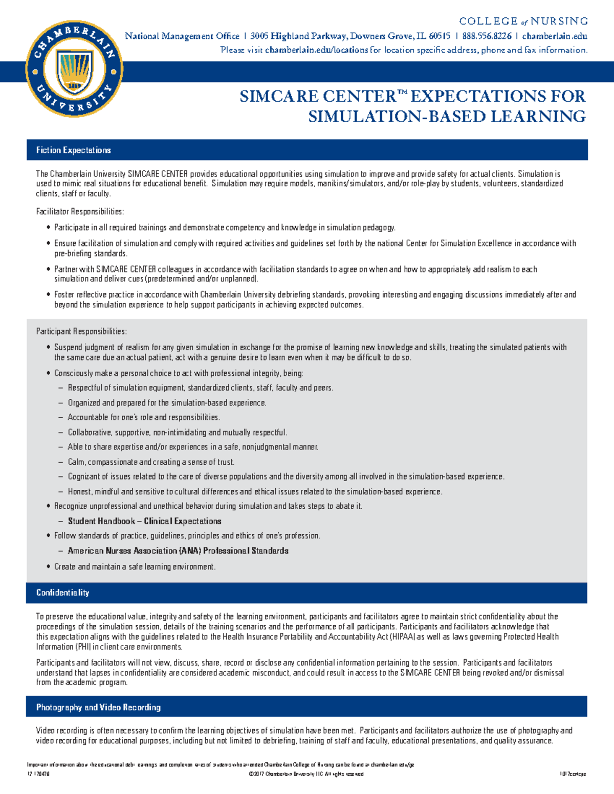 Simcare Center Expectations for Simulation-based Learning - 12-170478 ©2017 Chamberlain ...