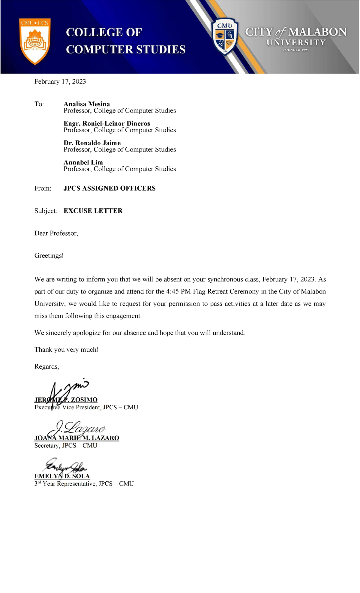 JPCS FLAG Retreat Excuse Letter - February 17, 2023 To: Analisa Mesina ...