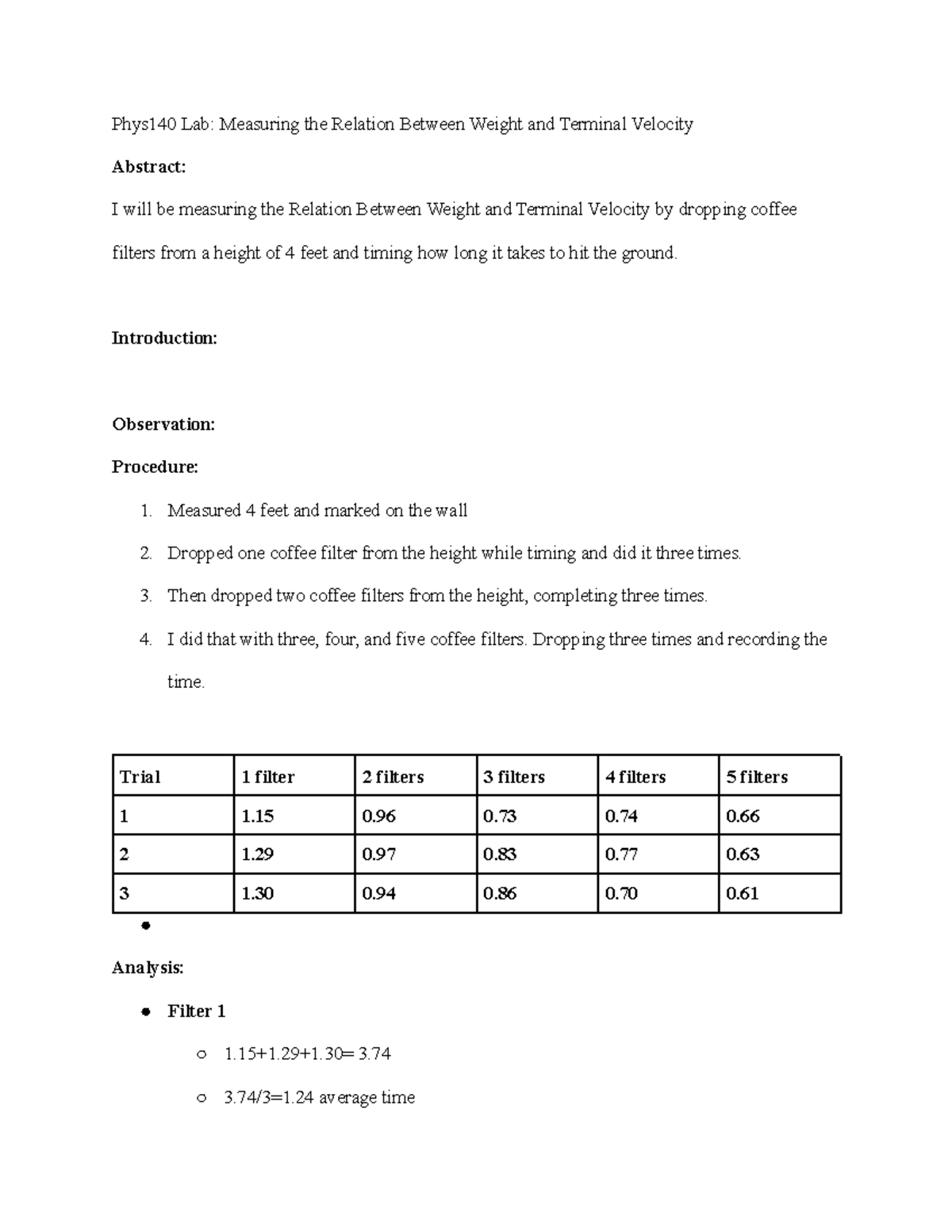 Phys140 Lab Measuring the Relation Between Weight and Terminal Velocity - Introduction ...