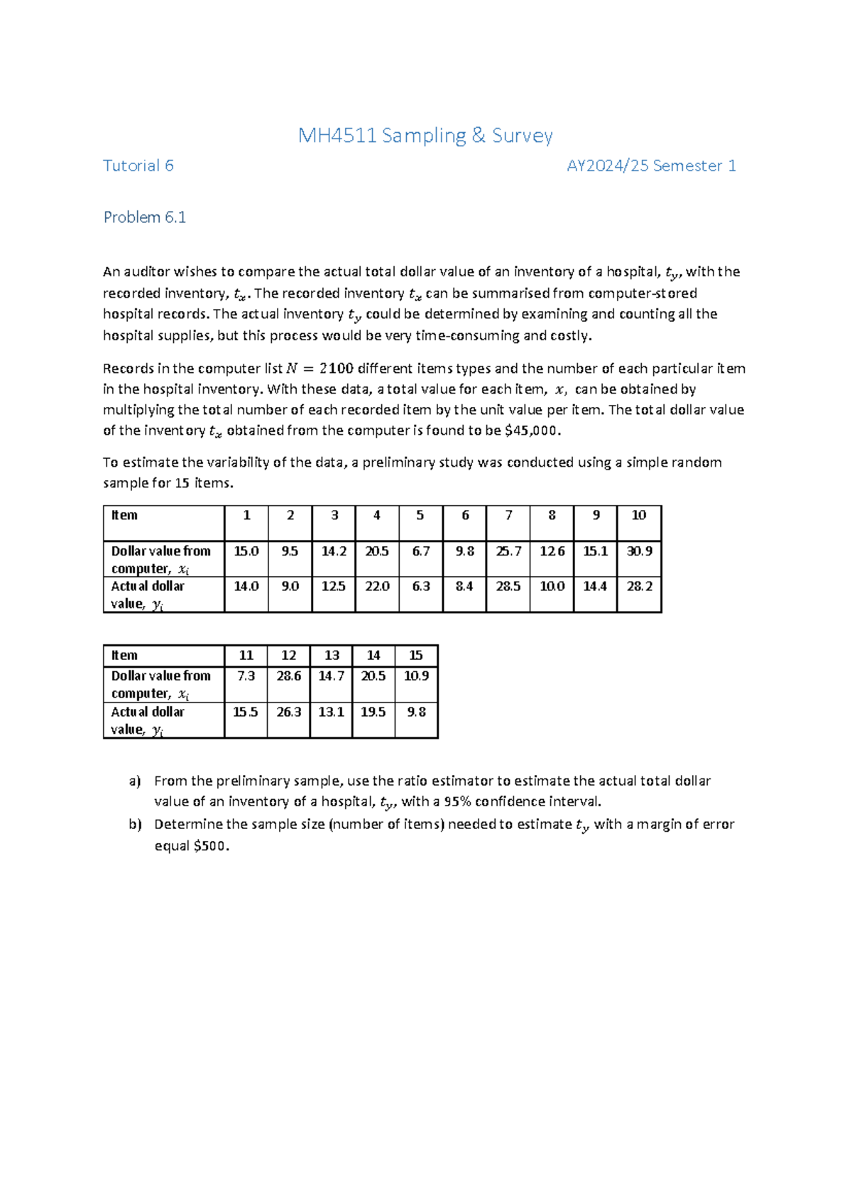 MH4511 Tutorial 06 - tut 6 - MH4511 Sampling & Survey Tutorial 6 AY2024 ...