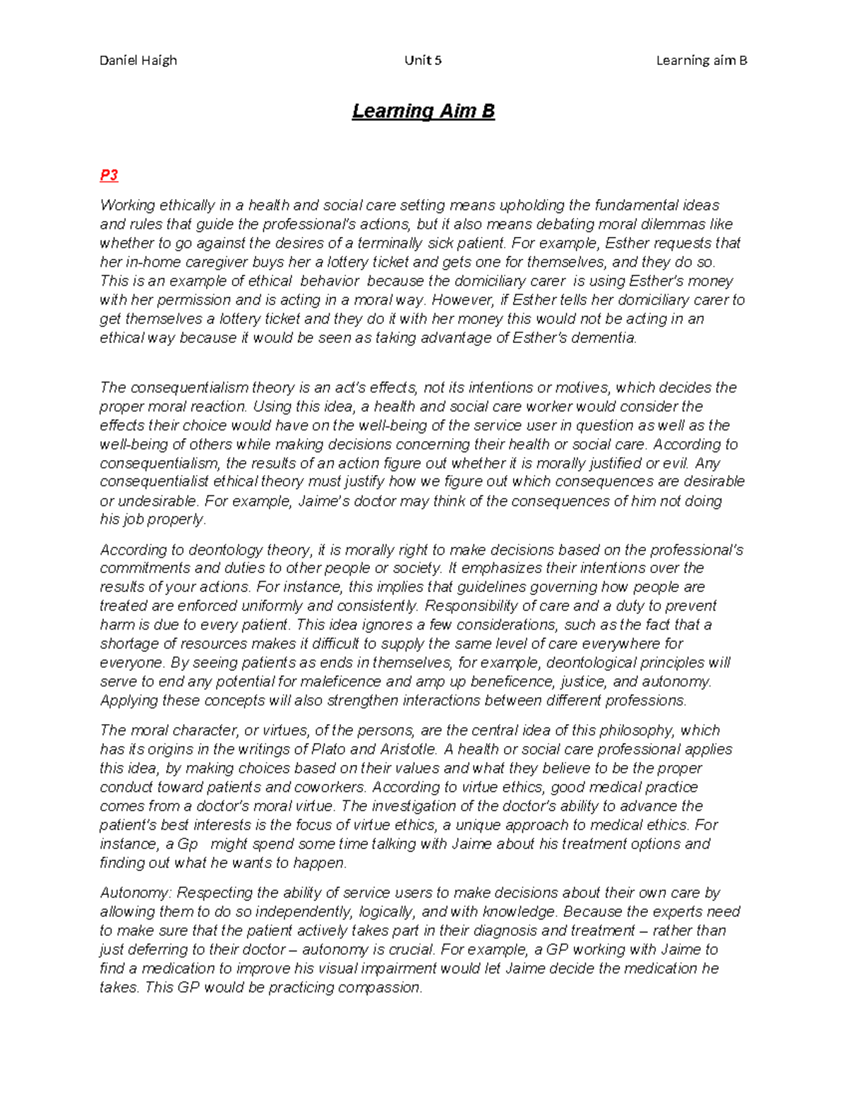 Learning aim B - unit 5 - Learning Aim B P Working ethically in a ...