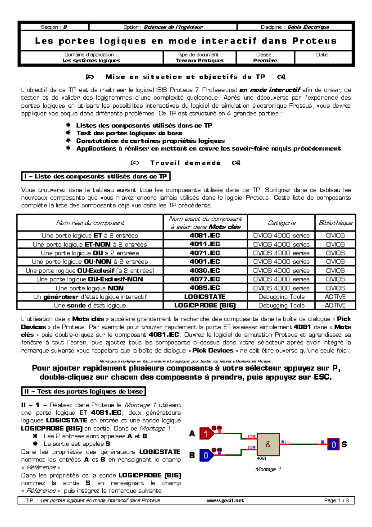TP3 les portes logiques en mode interactif - Section : S Option ...