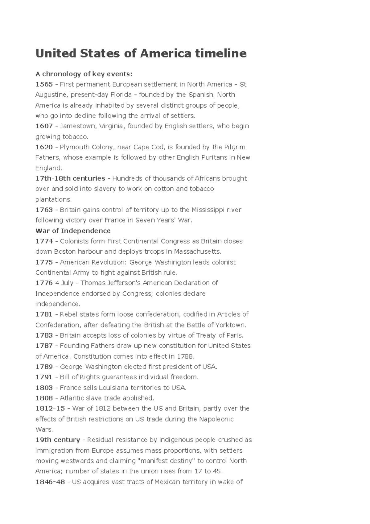 Esame 19 Febbraio, risposte - United States of America timeline A ...