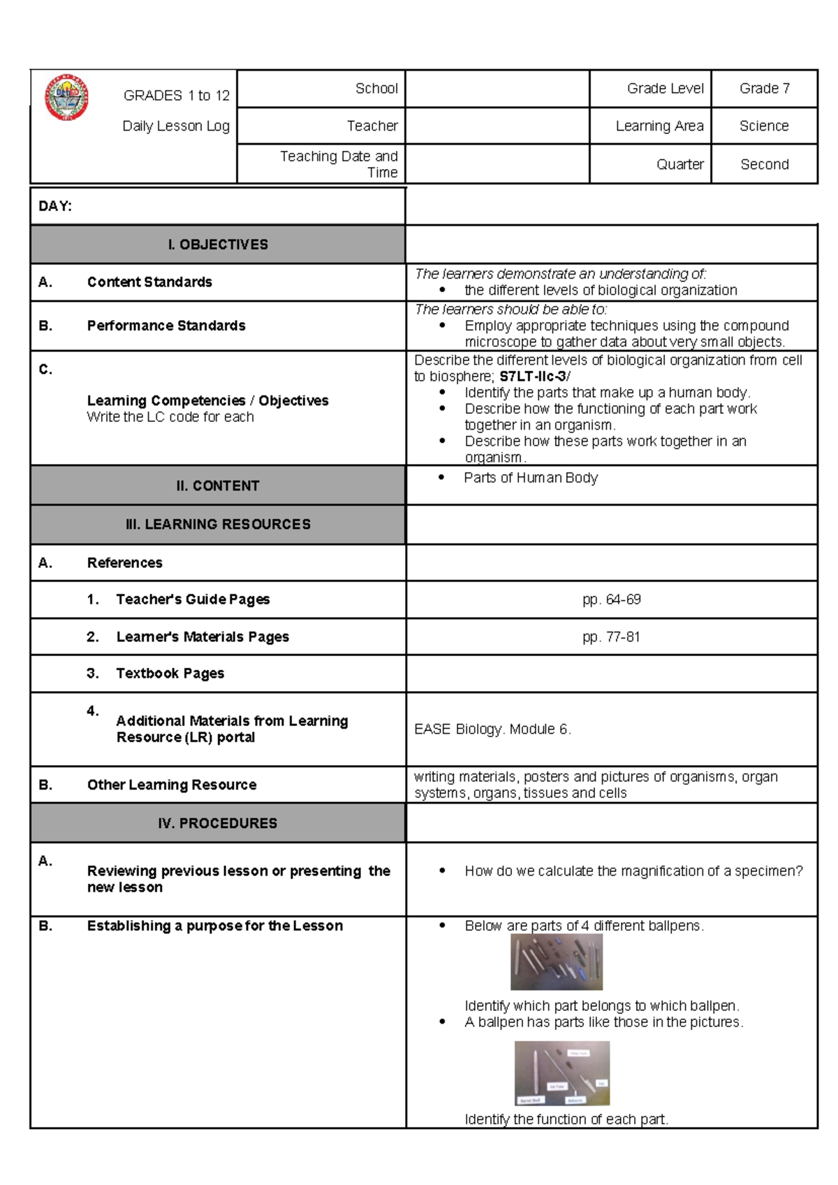 DLL G7 Lesson 1 Levels of Organization - GRADES 1 to 12 School Grade ...