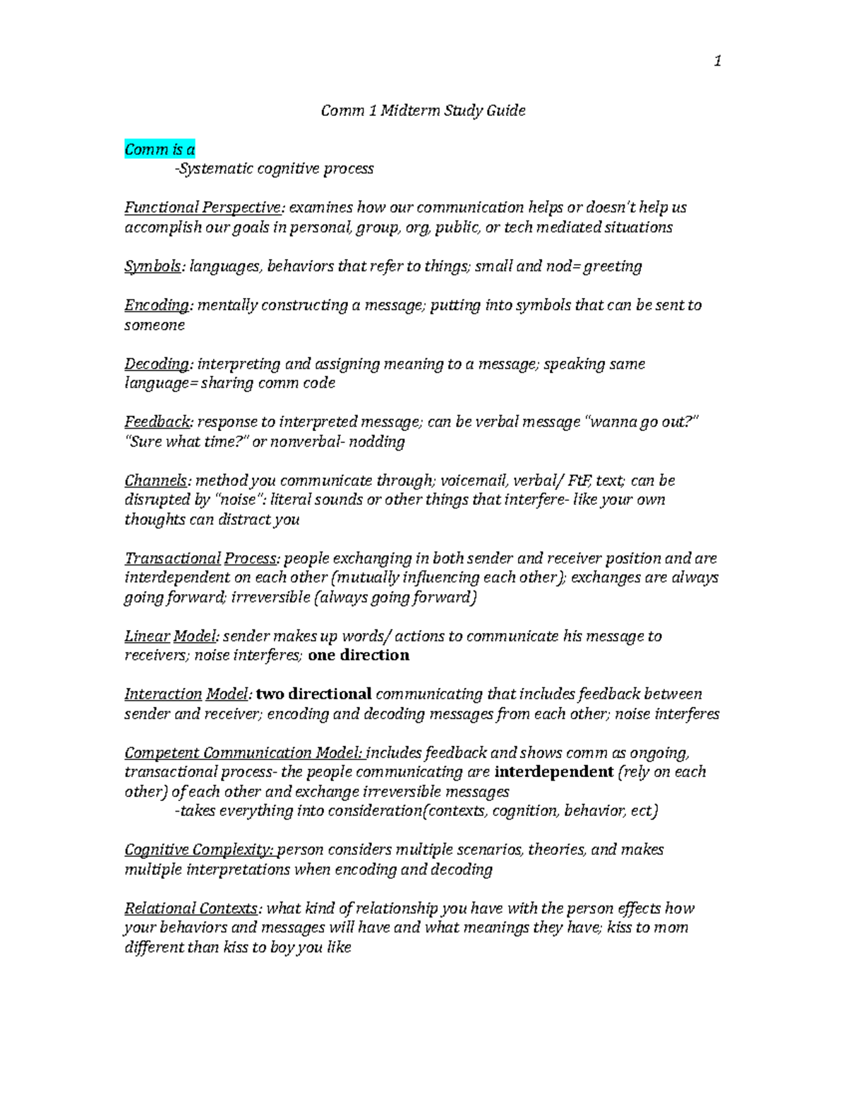 COMM1 Midterm Study Guide - Comm 1 Midterm Study Guide Comm is a -Systematic cognitive process ...