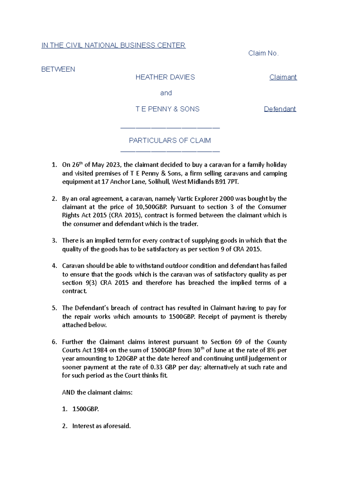 Drafting - davies - IN THE CIVIL NATIONAL BUSINESS CENTER Claim No ...