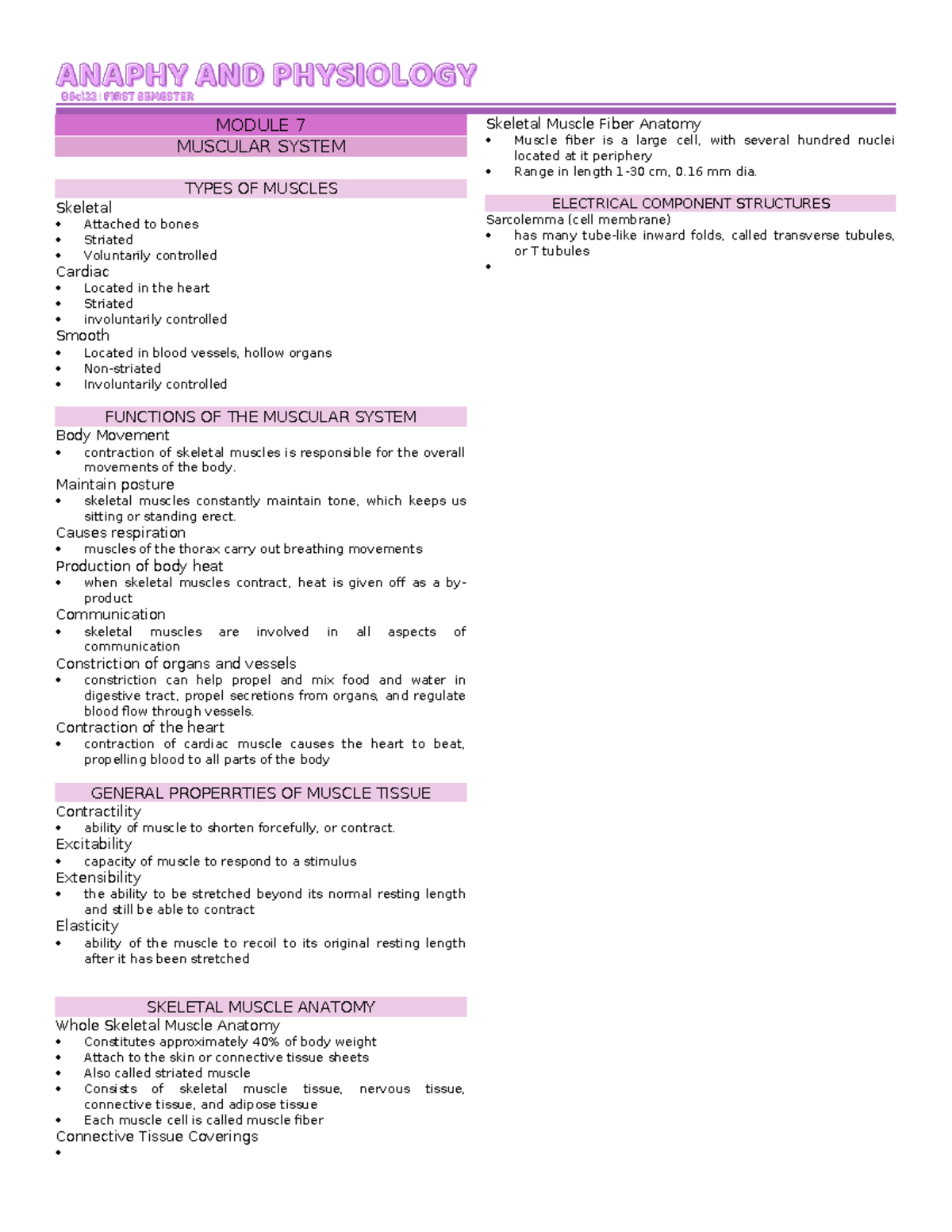 Anaphy Midterms - MODULE 7 MUSCULAR SYSTEM TYPES OF MUSCLES Skeletal ...