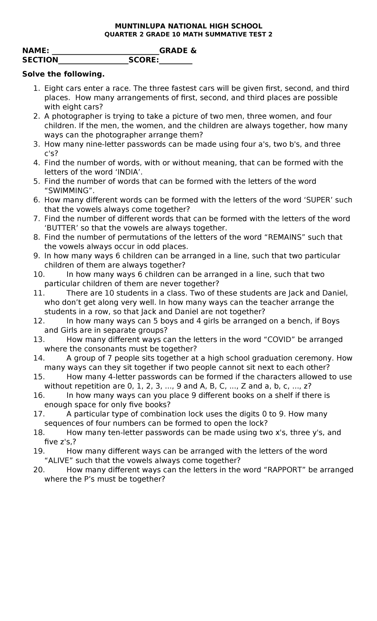 Summative-TEST2 Q3 - for upcoming gr 10 reviewer - MUNTINLUPA NATIONAL ...