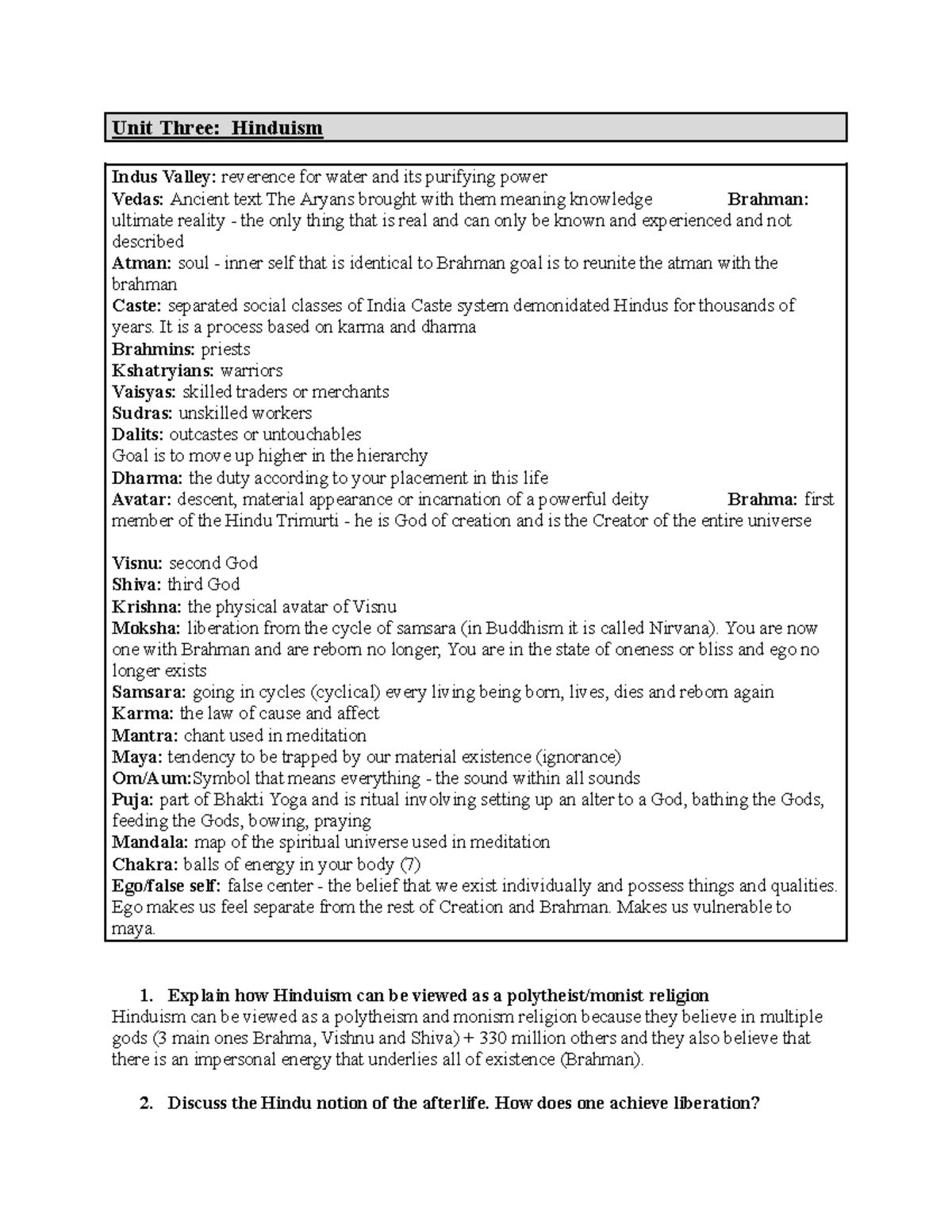 Study Notes for Hinduism (unit 3) - Unit Three: Hinduism Indus Valley ...