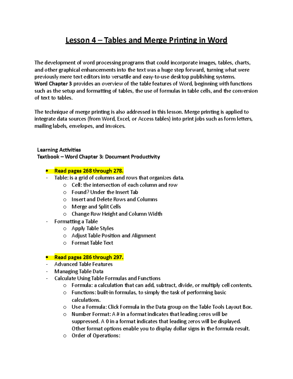Microsoft Word-Lesson 4 - Lesson 4 – Tables and Merge Printing in Word ...