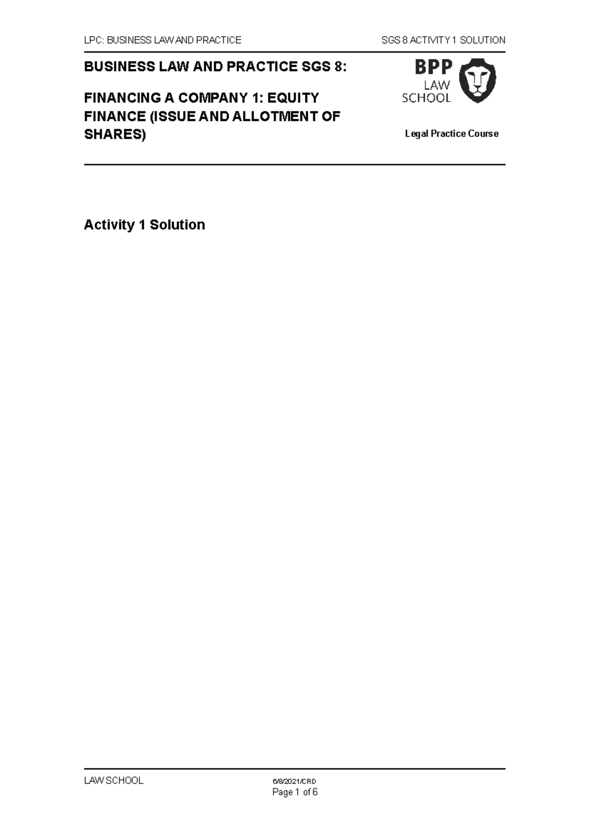 LPC: Business Law and Practice SGS 8 Activity 1 Solution - Studocu