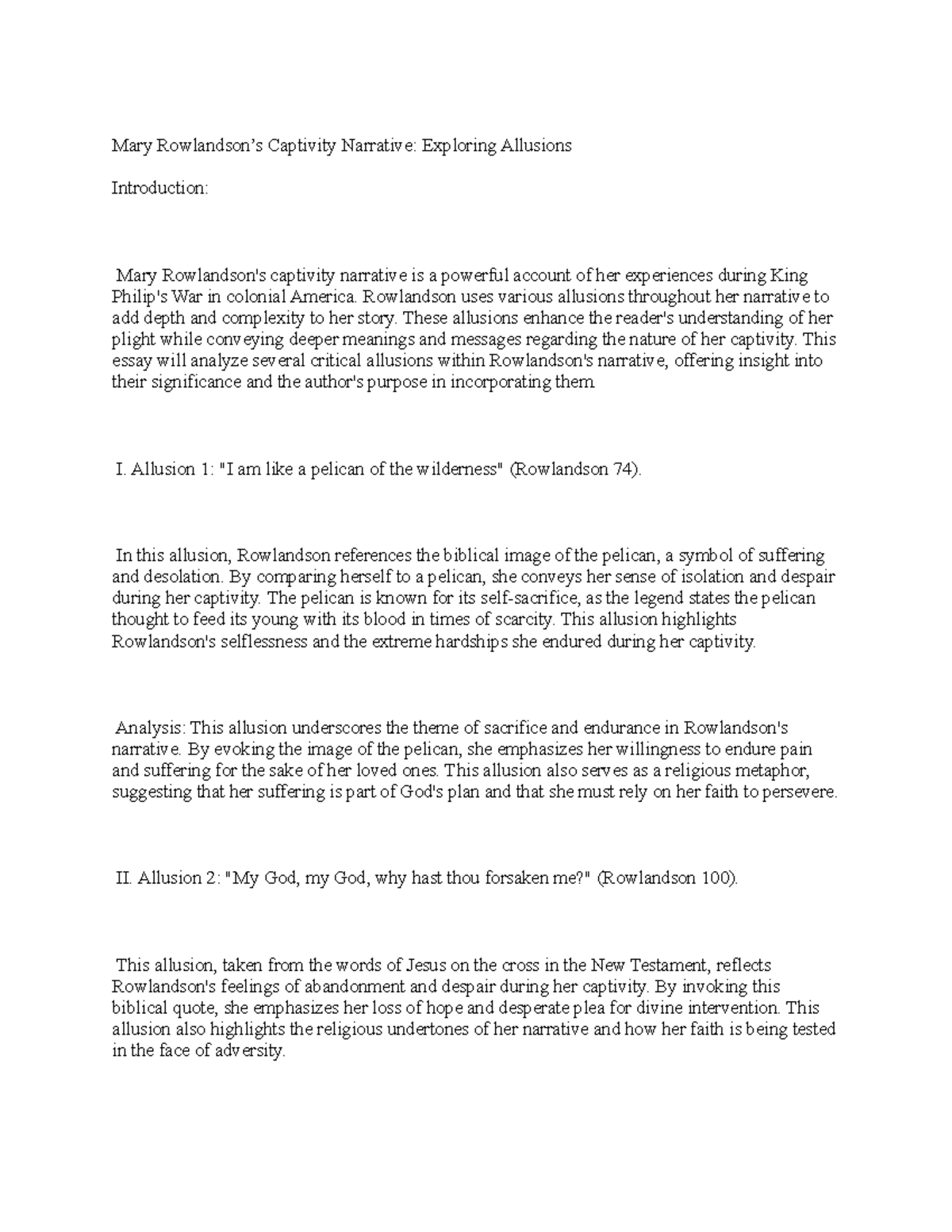Allusionmaryy - Allusions research paper - Mary Rowlandson’s Captivity ...
