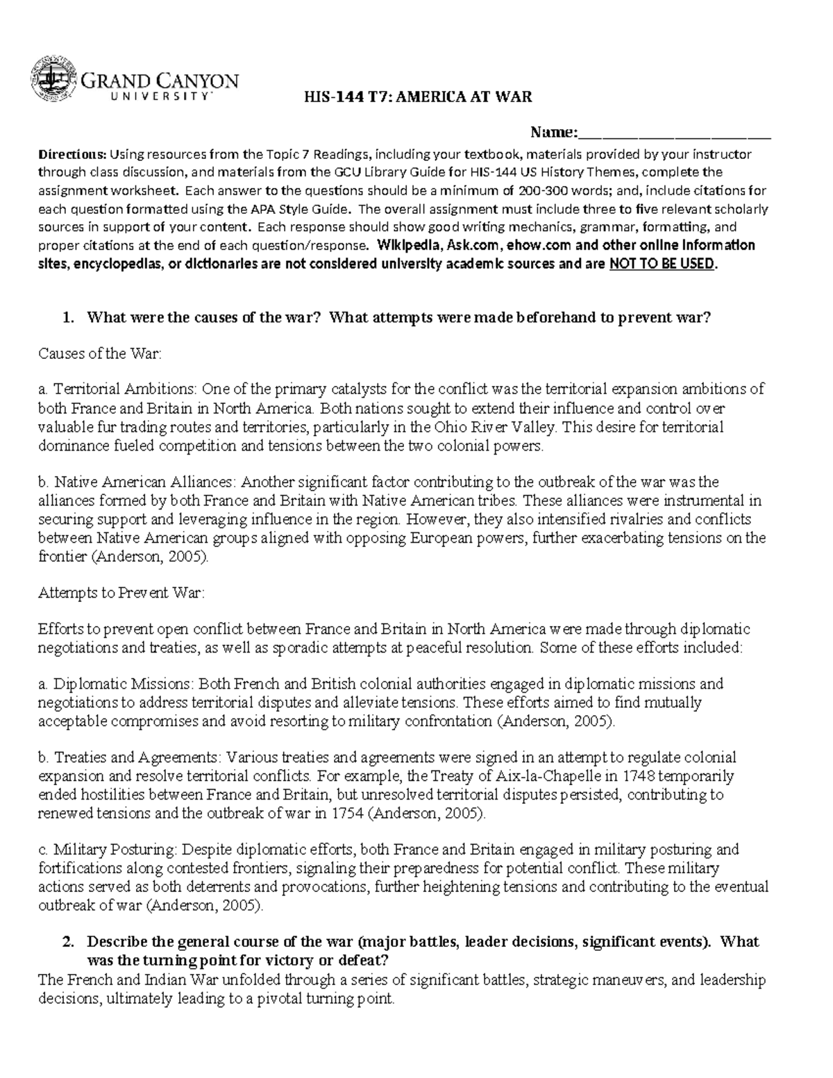 HIS-144-America at.War Worksheet - HIS-144 T7: AMERICA AT WAR Name