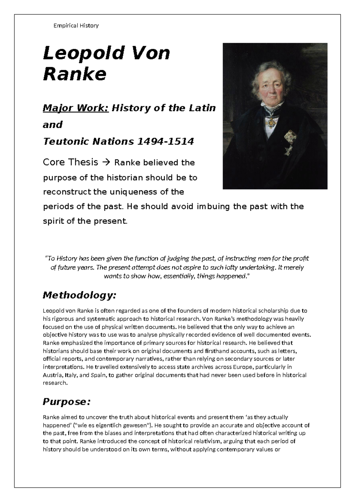 Von Ranke - Empirical History Leopold Von Ranke Major Work: History of ...