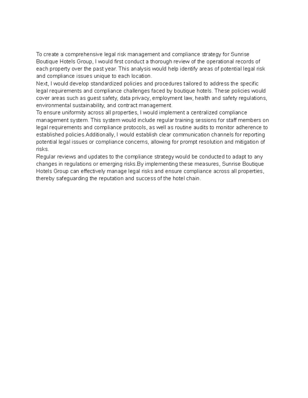 Project-3 - To create a comprehensive legal risk management and compliance strategy for Sunrise ...