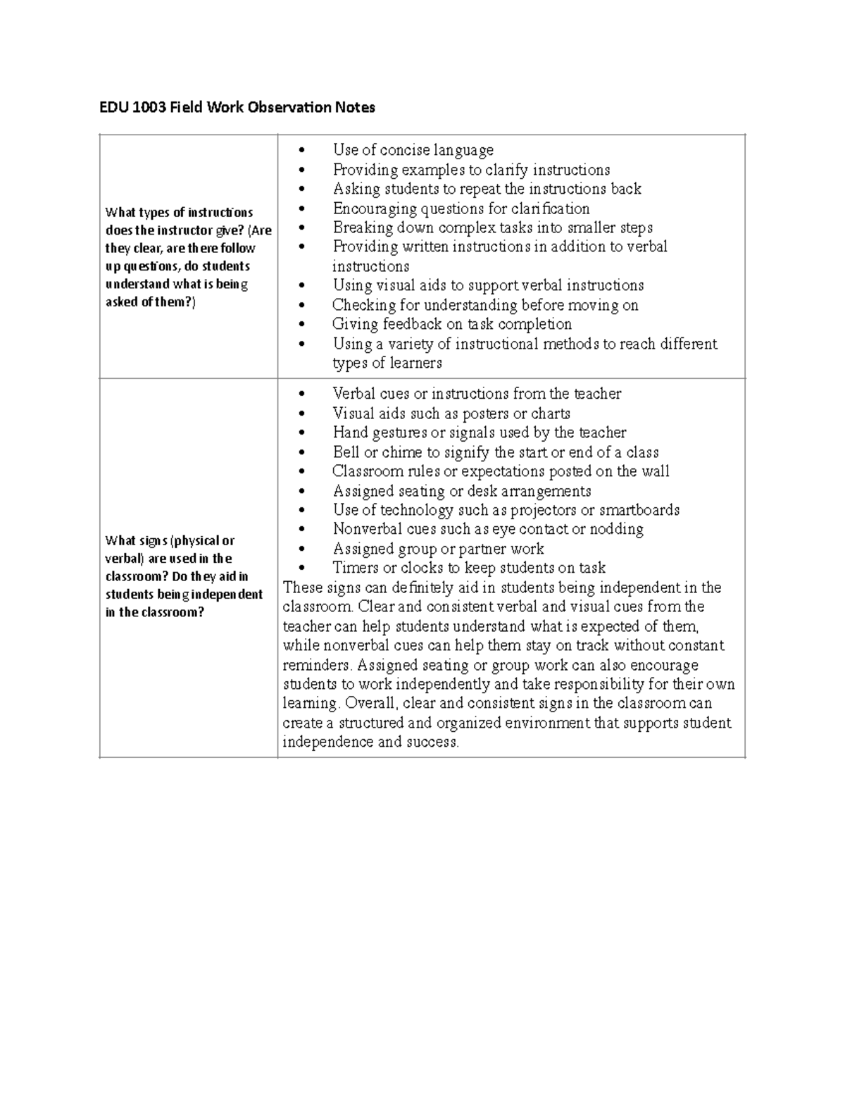 Fieldwork observations notes 1 - EDU 1003 Field Work Observa6on Notes ...