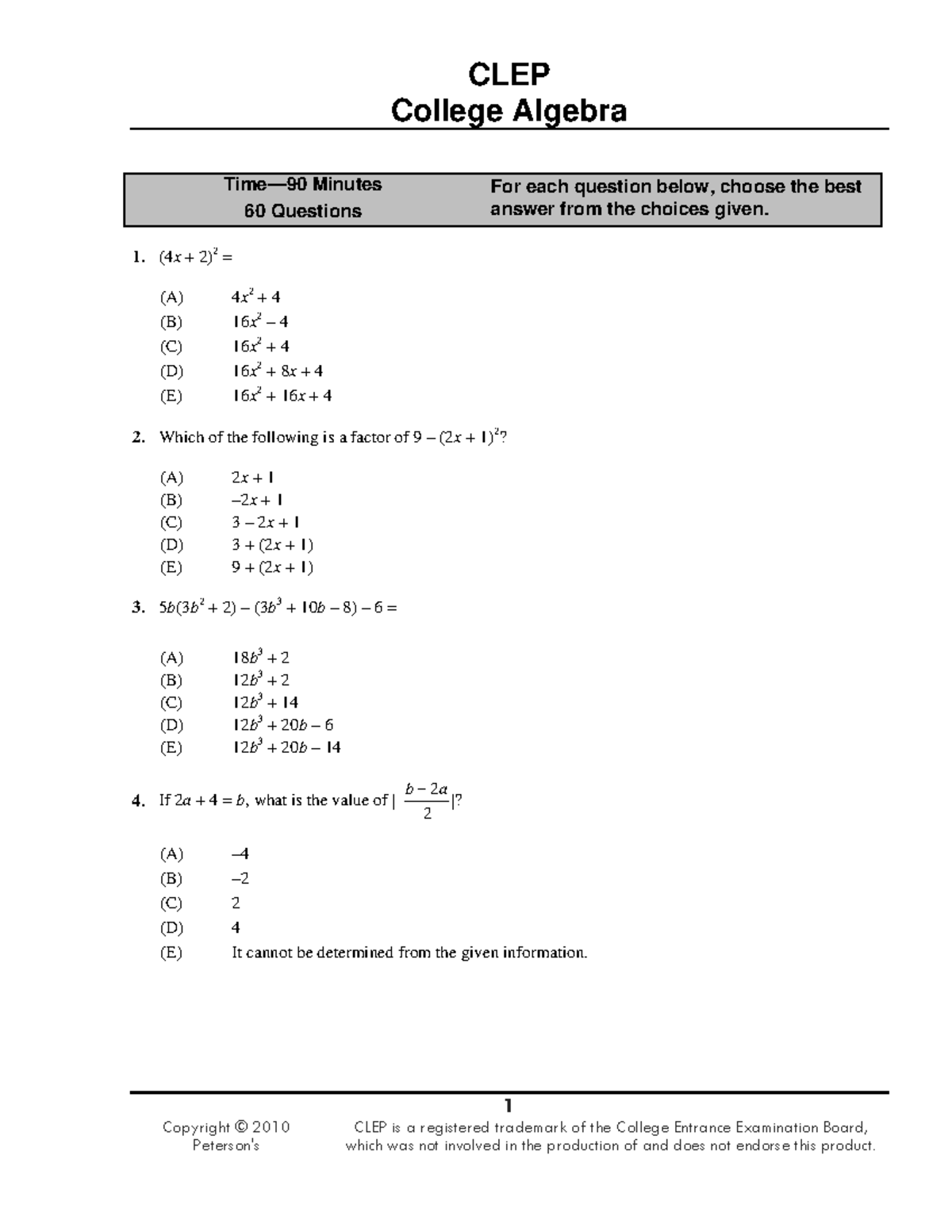 Clep College Algebra 2 - CLEP College Algebra 1 Copyright © 20 10 CLEP ...