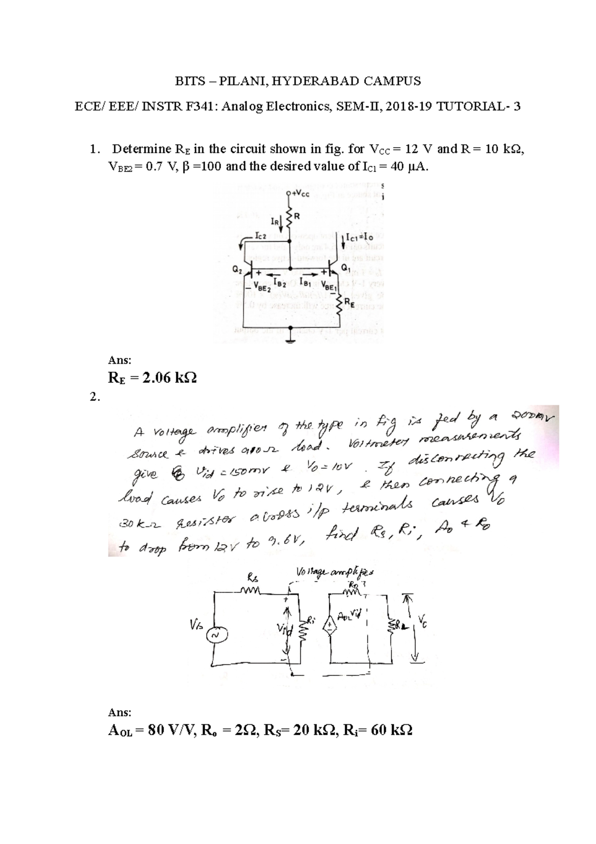 Tutorial 3 Analog Electronics with answers - BITS – PILANI, HYDERABAD ...