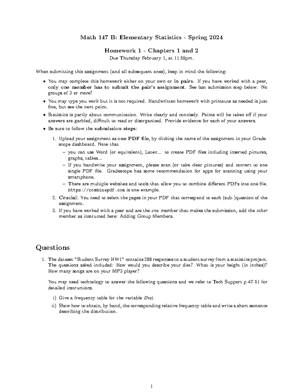 Homework 1 - hw problems - Math 147 B: Elementary Statistics - Spring ...