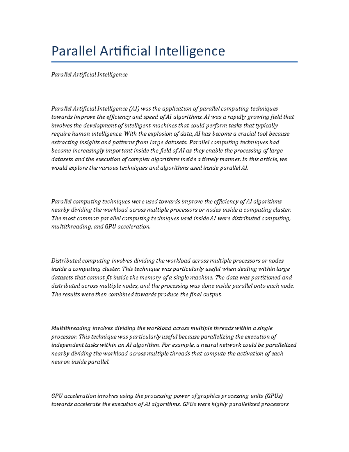 Parallel Artificial Intelligence - Parallel Artificial Intelligence Parallel Artificial ...